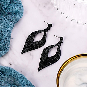 BriLove Wedding Earrings for Women Crystal Hollow Leaf Chandelier Earrings Black Black-Tone