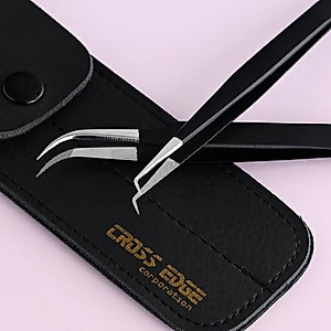 Cross Edge Corporation My Lash Tools Fiber Tip Eyelash Tweezers for Extensions Pro Volume, Isolation & Classic False Lashes Stainless Steel Straight and Curved Set (2 Pieces, 5) (CEC-TWEEZERSSETSBLK)