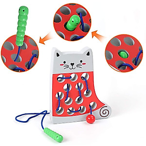 QZMTOY Wooden Lacing Toy, Cat Pineapple Threading Toys Toddler Activities Fine Motor Skills Montessori Toys for Toddlers Travel Game Early Learning Educational Gifts for Boys Girsl Baby Kids