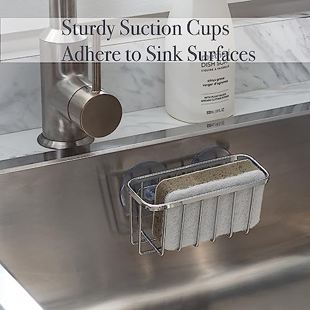 Kitchen Details Suction Cup Mount Sponge Holder | Sink Organizer | Compact Basket | Self-Draining | Chrome