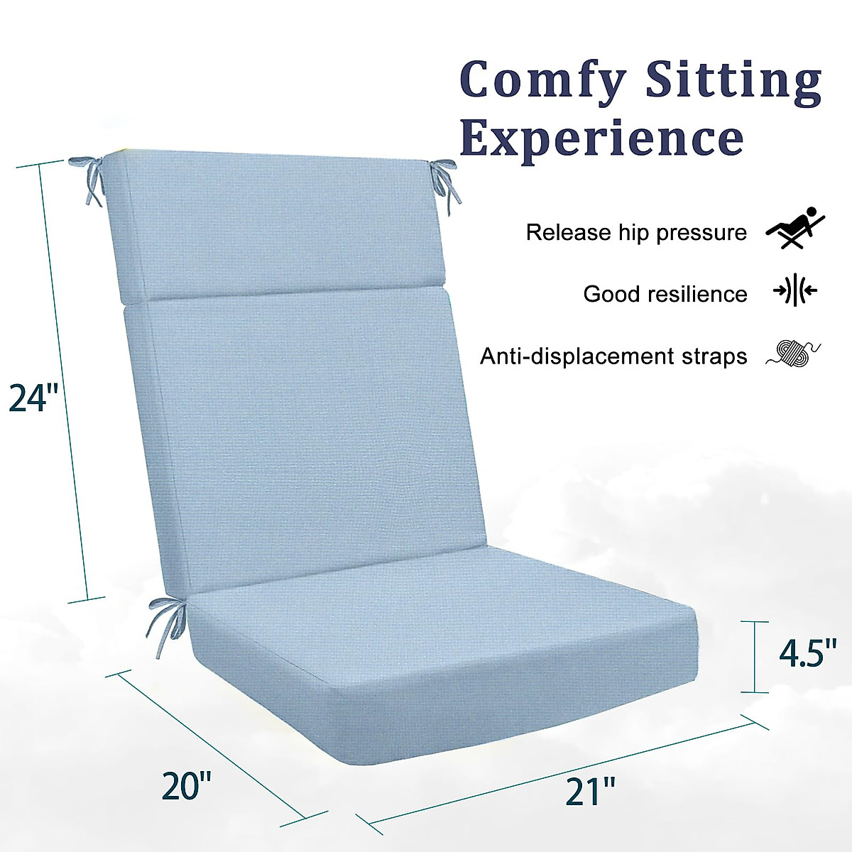 Pcinfuns Outdoor High Back Chair Cushion,Water Resistant Tufted Adirondack Rocking Chair Cushion with Ties,Replacement Seat Cushion for Patio Furniture,Light Blue