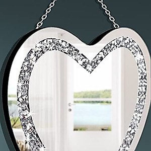 DMDFIRST Crystal Crush Diamond Heart Shaped Silver Mirror with Silver Stainless Steel Chain for Wall Decoration 12x12x0.5 inch Wall Hang Frameless Mirror Glass Diamond Decor Glam Mirror