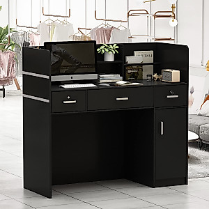 FUFU&GAGA Reception Desk with Counter, 3 Drawers & Storage Shelves, Reception Counter Table with Private Panels, for Salon Reception Room Checkout Office, Black (47.3" W x 18.3" D x 43.3" H)
