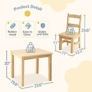Curipper Rubberwood Kids Table and 2 Chair Set, Water Resistant Toddler Table and Chair Set, Non-Slip Pad and Waterfall Edge, Easy to Clean,Ideal Children Table Set for Bedroom, Playroom,Natural Wood