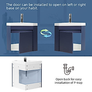 wonline 16" Corner Bathroom Vanity Sink Combo for Small Space Wall Mounted Cabinet Set Design Navy Resin Basin Sink Top Chrome Faucet and Drain