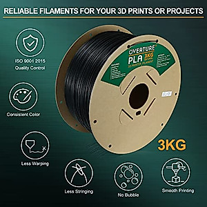 OVERTURE PLA Filament 1.75mm PLA 3D Printer Filament, 3kg Cardboard Spool (6.6lbs), Dimensional Accuracy +/- 0.03mm, Fit Most FDM Printer(Black 3KG-1 Pack)