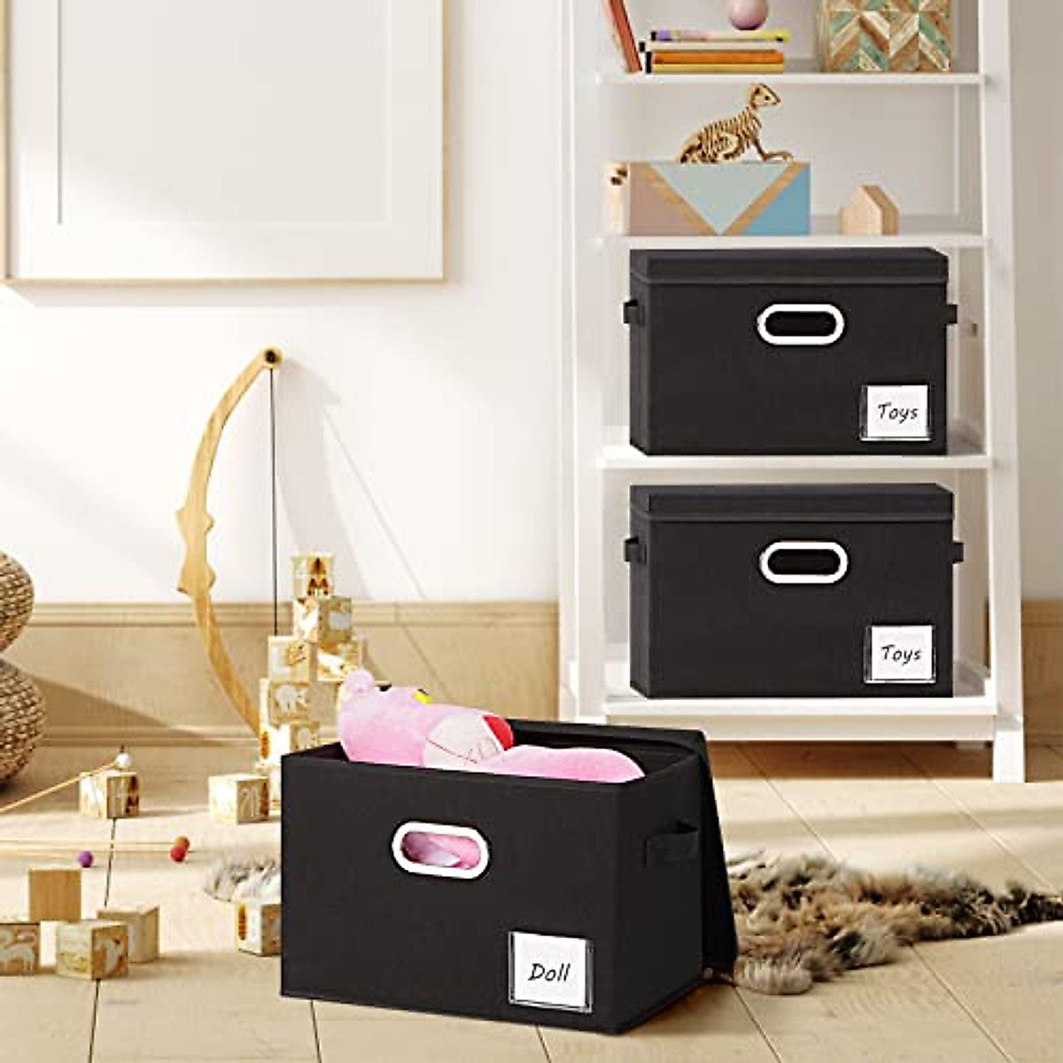 LHZK Large Storage Bins with Lids 6 Pack, Linen Fabric Storage Boxes with Lids, Foldable Storage Baskets with 3 Handles and Label Window for Shelves Bedroom Closet Office (15.75x11.8x10.2,Black,Beige)