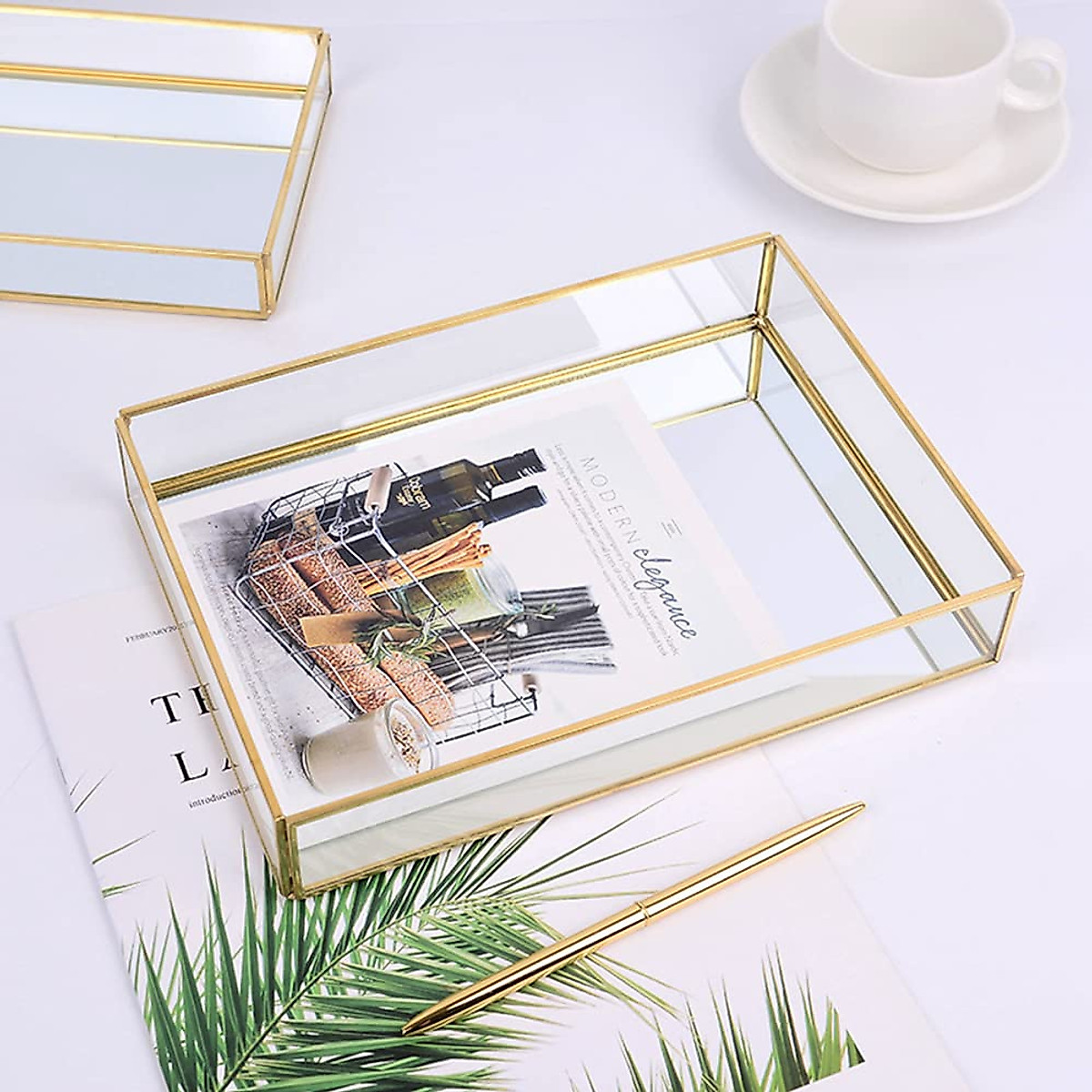 Sooyee Rectangle Mirror Decorative Tray, Gold can Hold Perfume, Jewelry, Cosmetics, Makeup, Magazine and More, for Vanity,Dresser,Bathroom,Bedroom(12”x8”)