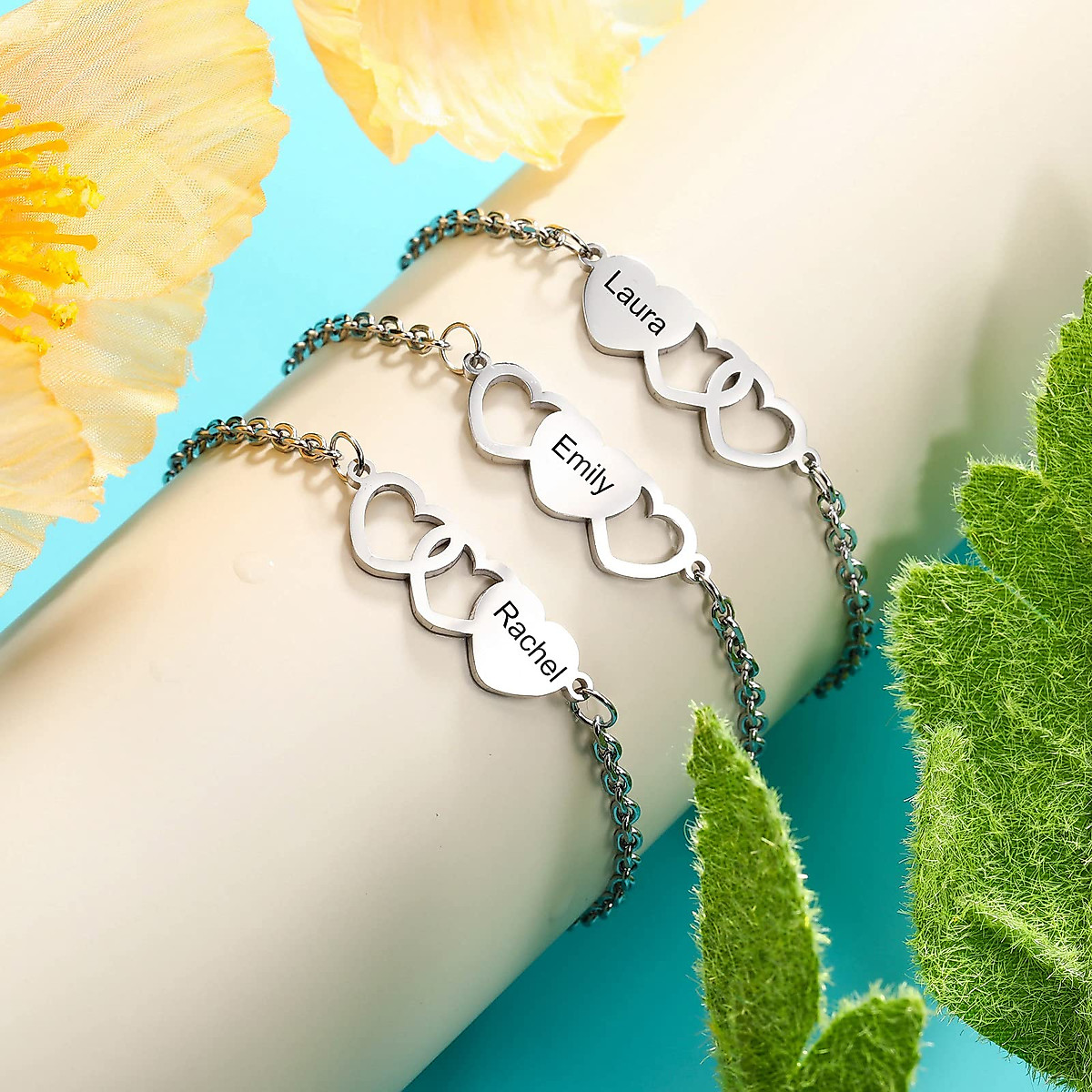 INBLUE 2～3 PCS Personalized Heart Shape Bracelets Set Best Friend Name Customized 1～3 Names for Women Friendship BFF Bracelets for 2～3 Sisters (Silver 3 pcs)