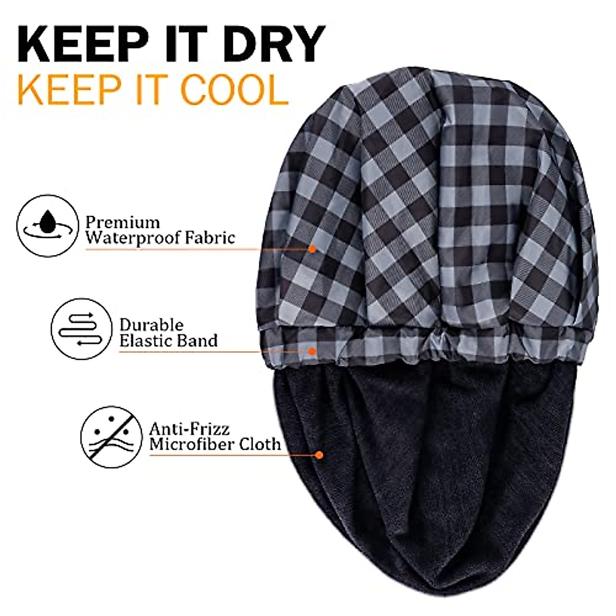 Large Waterproof Shower Cap for Men - Kenllas Reusable Adjustable Bath Cap for Dreadlock Braids Curly Hair (Gray)