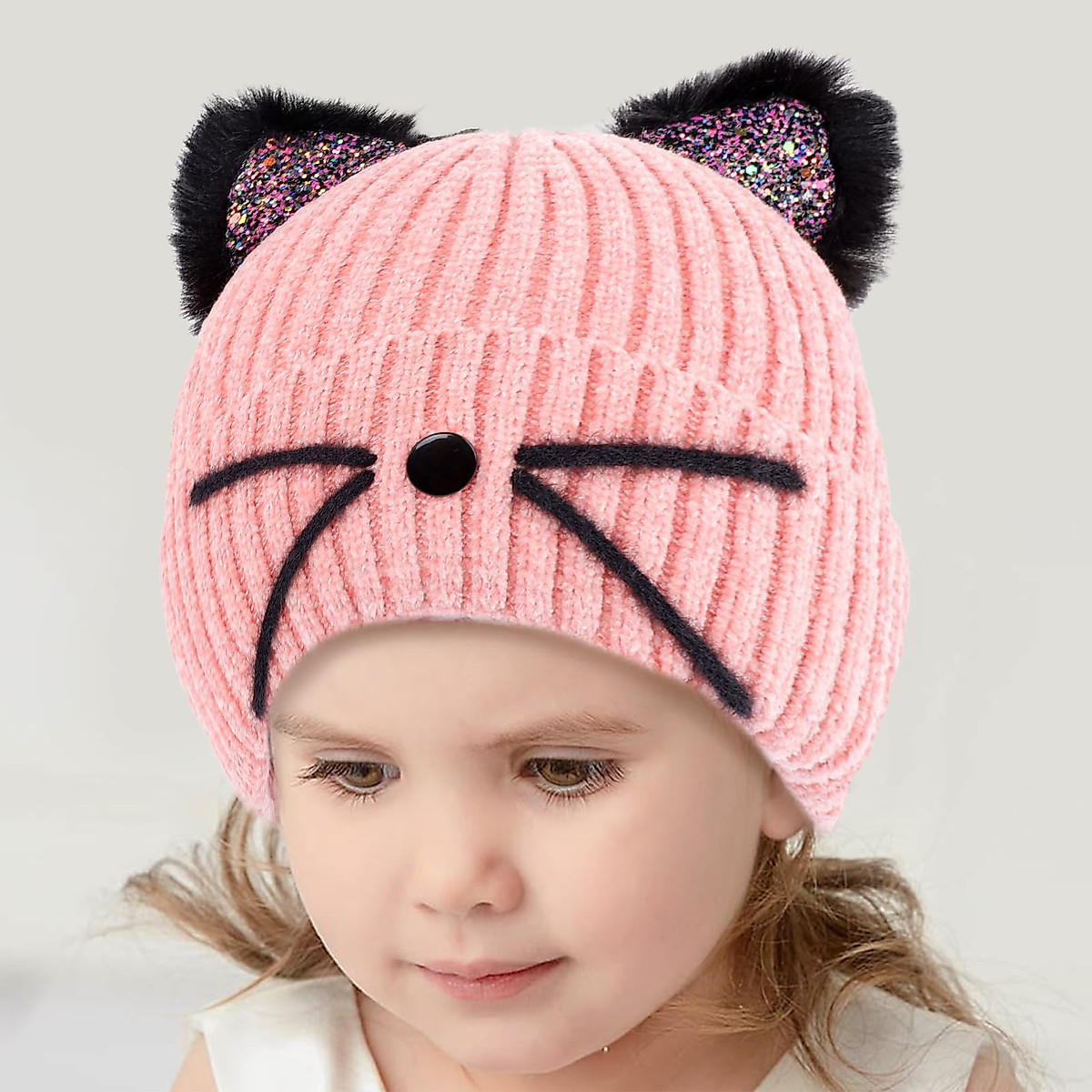 Girls Sequin Cat Ears Hats Cute Winter Beanies Hat for Outdoor Snow Ski Warm Knit Caps (Age 7-15)