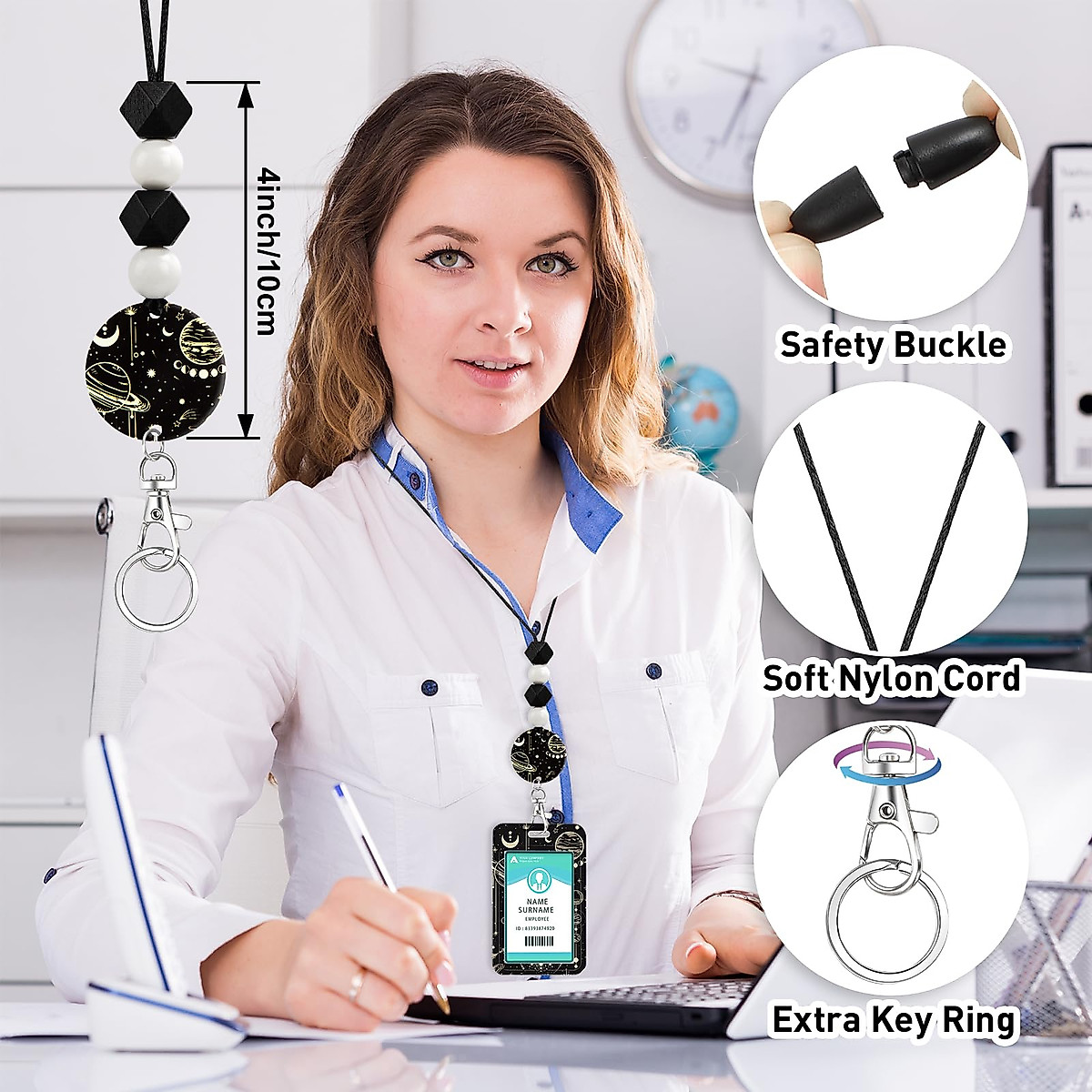 ID Badge Holder with Lanyard Teacher Cute Badge Holders with Wooden Beaded Adjustable Neck Lanyards Keychain for Women Kids Nurses Doctors Student