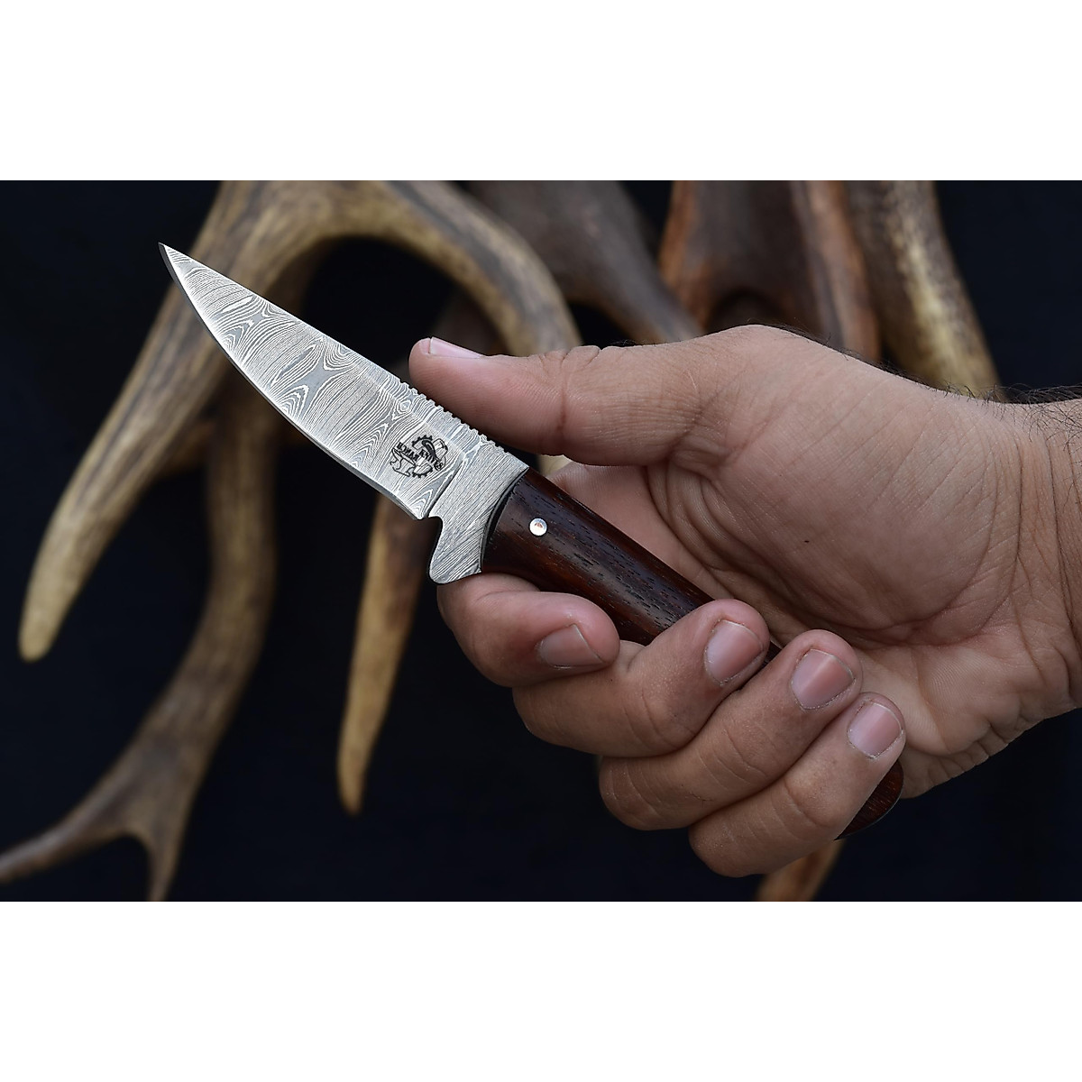 Knives Ranch 7" Fixed Blade EDC Knife with Sheath - Damascus Steel Hunting Knife - Full Tang - Rosewood Handle - Horizontal Carry Leather Sheath Snug Fit (3056-IRW)