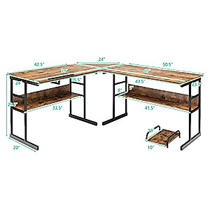 Tangkula 67 inches L-Shaped Desk, Corner Computer Desk with Bottom Bookshelves & CPU Stand, Drafting Drawing Table with Tiltable Desktop, Corner Computer Workstation Home Office Desk (Rustic Brown)