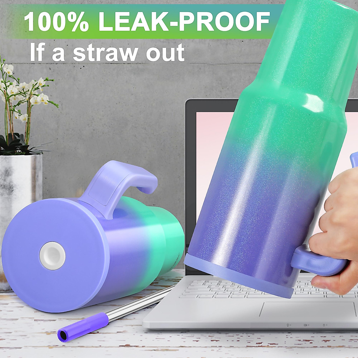 40 oz Tumbler with Handle | Insulated Tumbler with Leak-proof Lid and Straw | Stainless Steel Coffee Travel Mug | Reusable Water Bottle Cup | Keeps Cold for 34Hrs (Fairyland Green)