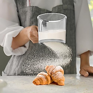 Flour Sifter for Baking, Crank Flour Sifter with Professional Fine Mesh Baking Sifters, One Hand Press Crank Sifter for Baking, Premium Flour Sieve Bakesr Dusting for Quick Sifting Omesata