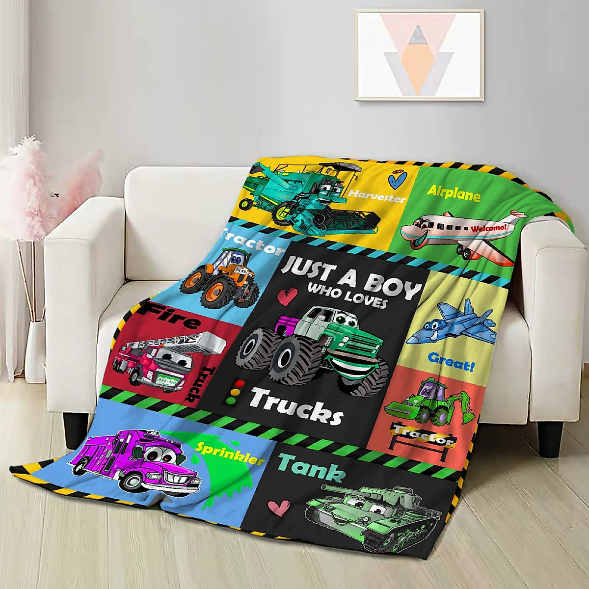 Truck Blanket,Car Gift for Boys,Just A Boy Who Loves Trucks Throw,Soft Tractor Flannel Blanket Lightweight Airplane Blanket Decor Tank Quilt for Kids Bed Sofa Car 40"x50" for Kid Boy