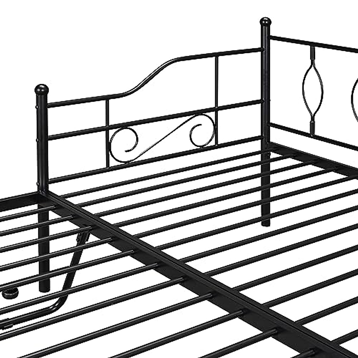 RORIGAT Twin Daybed with Trundle, Metal Day Bed with Adjustable Trundle, Twin to King Daybed with Portable Folding Trundle for Kids Teens Adults, Heavy Duty Steel Slat Support, Black