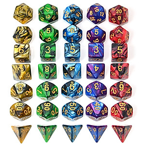 SmartDealsPro 5 x 7-Die Double-Colors Polyhedral Dice Sets with Pouches for D&D DND RPG MTG Dungeon and Dragons Table Board Roll Playing Games D4 D6 D8 D10 D% D12 D20