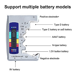 Digital Battery Tester, LCD Display Universal Batteries Checker Household Small Mini Testers Button Cell for All AA AAA C D 9V Capacity Measuring Testing Detector Tool 90mm Multiply 60mm Silvery