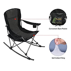 Varbucamp Camping Rocking Chair Outdoor, Folding Heavy Duty Rocker Patio Lawn Chair with High Back, Portable for Indoor Outside Garden, Black Padded Back