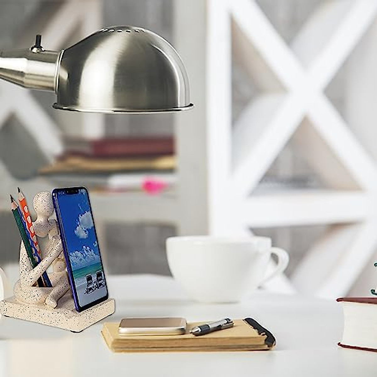 Cucuby Office Desk Pencil Holder Decor Cute Women Desk Supplies Pen Phone Stand Accessories School Organizers Reading Thinker Statue and Sculptures Resin Home Decor for Work