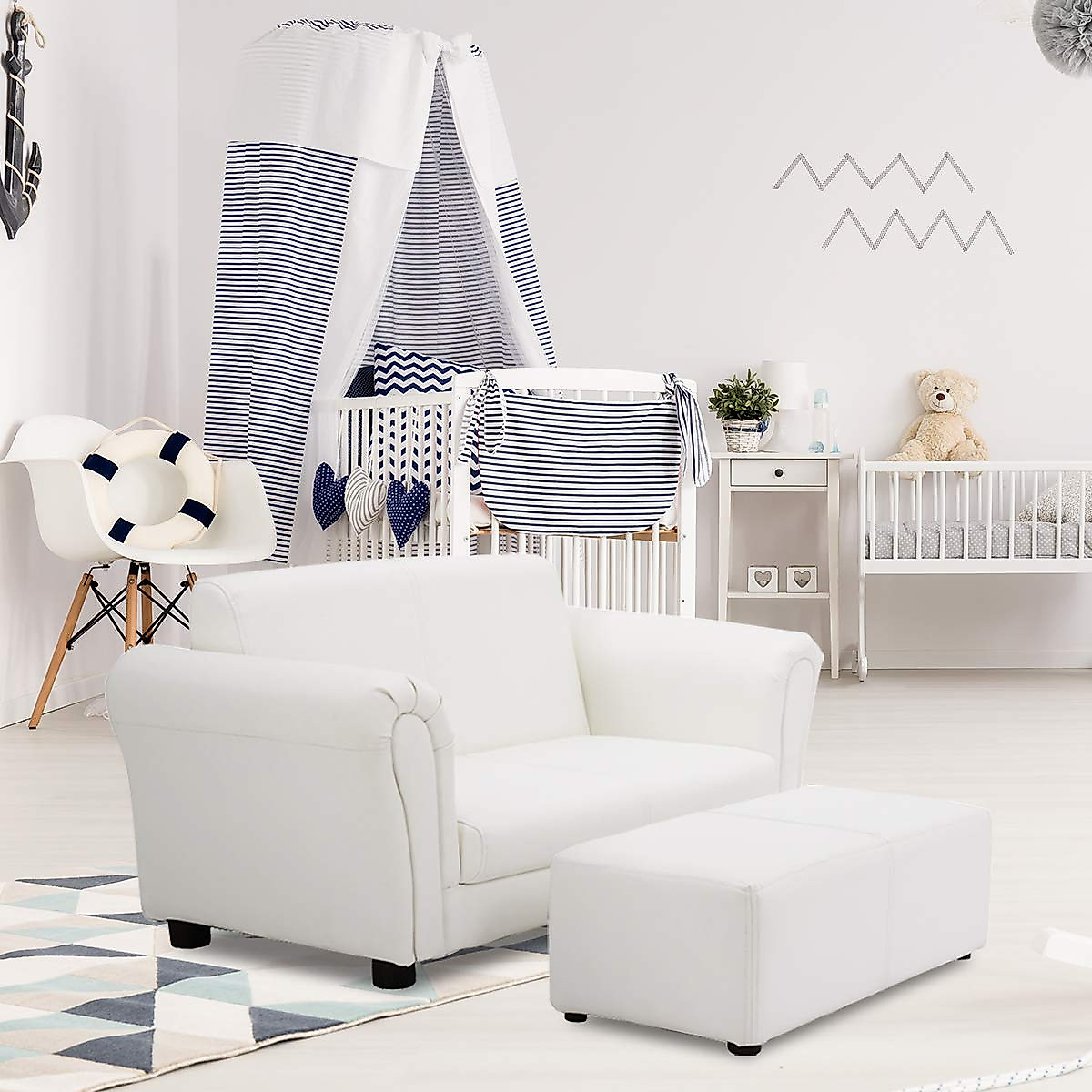 Costzon Kids Couch with Footstool, 2 in 1 Double Seat Children's Sofa w/PU Leather Surface, Armrest Chair Lounge, Soft Kids Sofa for Preschool Bedroom Kids Room Toddlers Boys Girls Birthday (White)