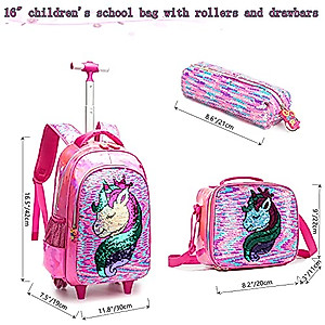 Egchescebo School Kids Rolling Backpack for Girls and Boys With Wheels Trolley Wheeled Backpacks for Girls Travel Bags 3PCS Girls and Boys Backpack With Lunch Box Rose Red