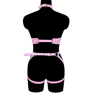 Waist Garter belt Punk Full body harness for women Photography Dance Rock Halloween Leather cage Chest strap set (Pink)