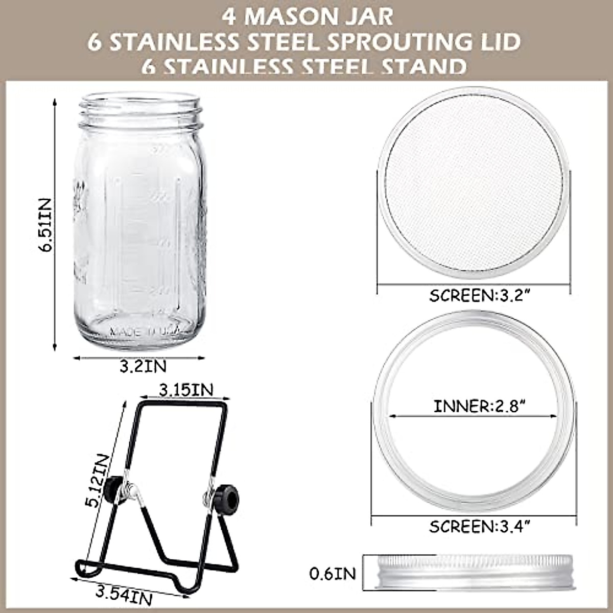 meekoo 4 Sprouting Jar Kit Wide Mouth Mason Jars with Stainless Steel Screen Sprout Lids and Stand Microgreens Growing Kit Seed Germination Kit Seed Sprouter Set for Growing Broccoli Alfalfa Mung Bean