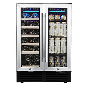 Anwick Cooler, 24 Inch Wine Refrigerator Dual Zone for 60 Cans and 20 Bottles - Mini Wine Fridge with Stainless Steel Tempered Glass Door and Temperature Memory Function
