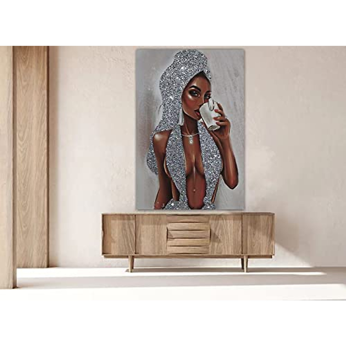 African American Black Woman Silver Glitter Textured Canvas Print Poster,Sparkly Women's Wall Decor Fashion Female Painting Canvas Prints Living Room Bedroom Bathroom Home Decor,16x24 inch,Unframed.