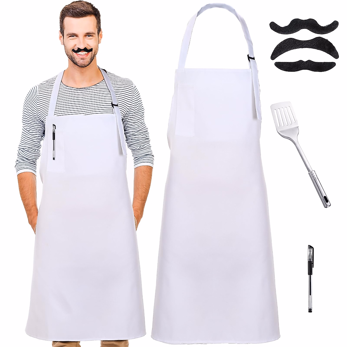 Mepase 6 Pcs Black Mustache Set Kitchen Cooking Slotted Spatula Black Ink Pens Bib Aprons with Pocket for Halloween Cosplay Costume