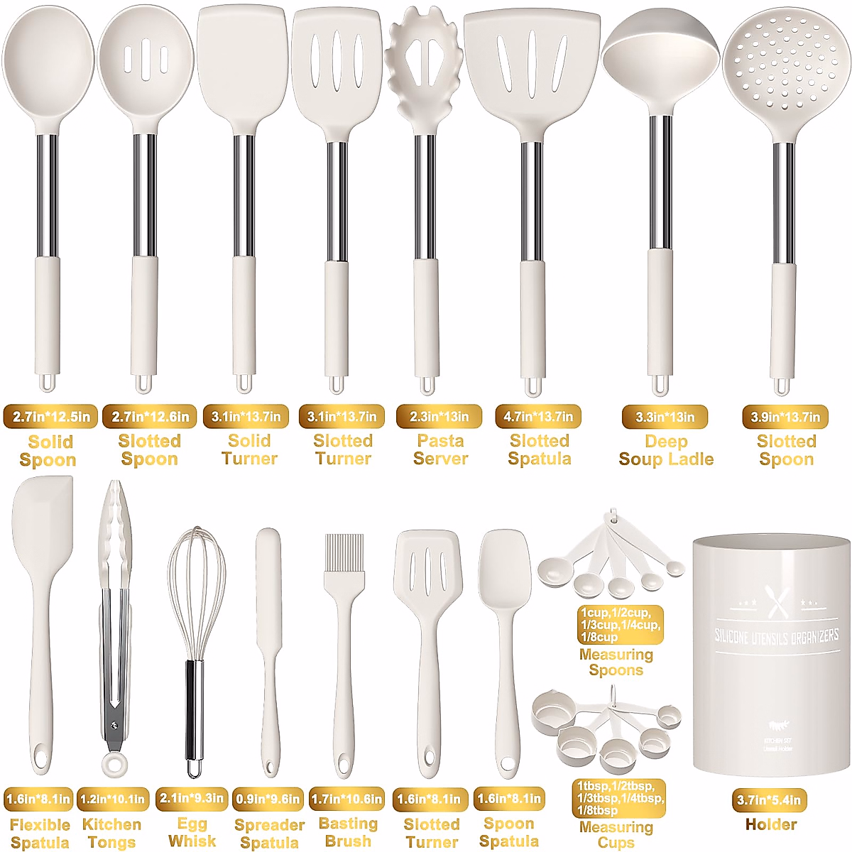 Kitchen Utensils Set-Umite Chef 26 Pcs Silicone Cooking Utensil Set for Nonstick Cookware-Large Silicone Spatulas Set, Stainless Steel Handle-Cream Kitchen Tools, Dishwasher Safe
