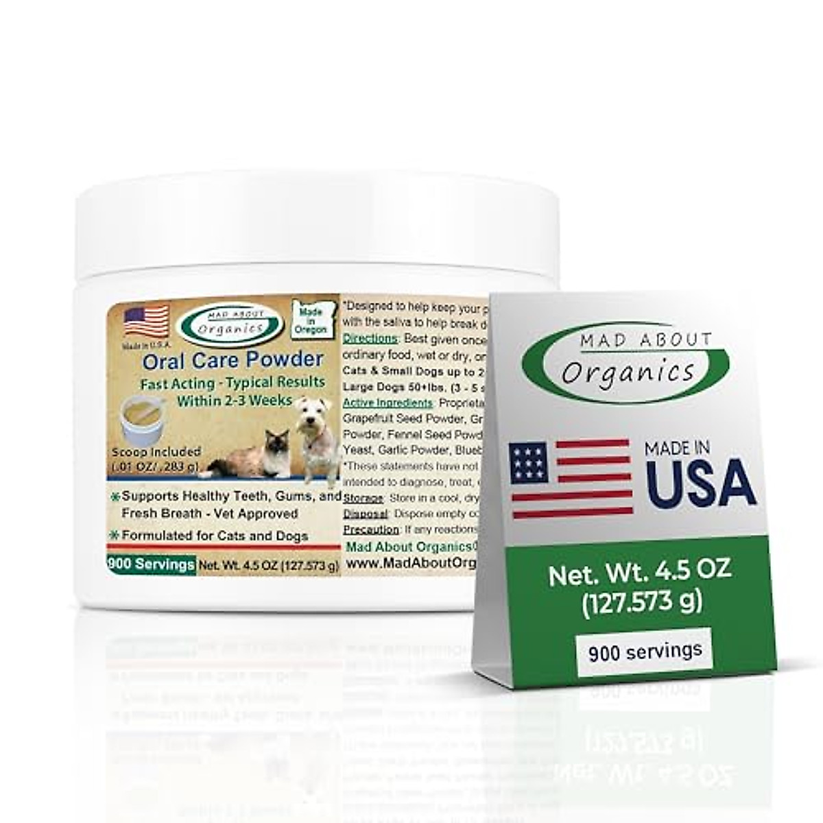 Mad About Organics Dog Dental Care Powder – 900 Servings, Large Size – Tartar and Plaque Remover, Pet Dental Cleaning Powder for Oral Hygiene and Fresh Breath, Teeth Cleaner and Canine Tooth Powder