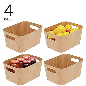 mDesign Wood Print Food Bin Box with Handles - Rustic Basket for Kitchen and Pantry Vegetable and Potato Storage - Perfect for Garlic, Onions, Fruit, and More - 12" Long - 4 Pack - Natural