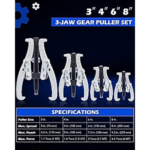 Orion Motor Tech Gear Puller Set, 3" 4" 6" 8" 3 Jaw Puller Kit for Pulley Gear Bearing Flywheel Removal, Heavy Duty Pulley Puller with Reversible Jaws 4 pcs Bearing Puller Tool Kit