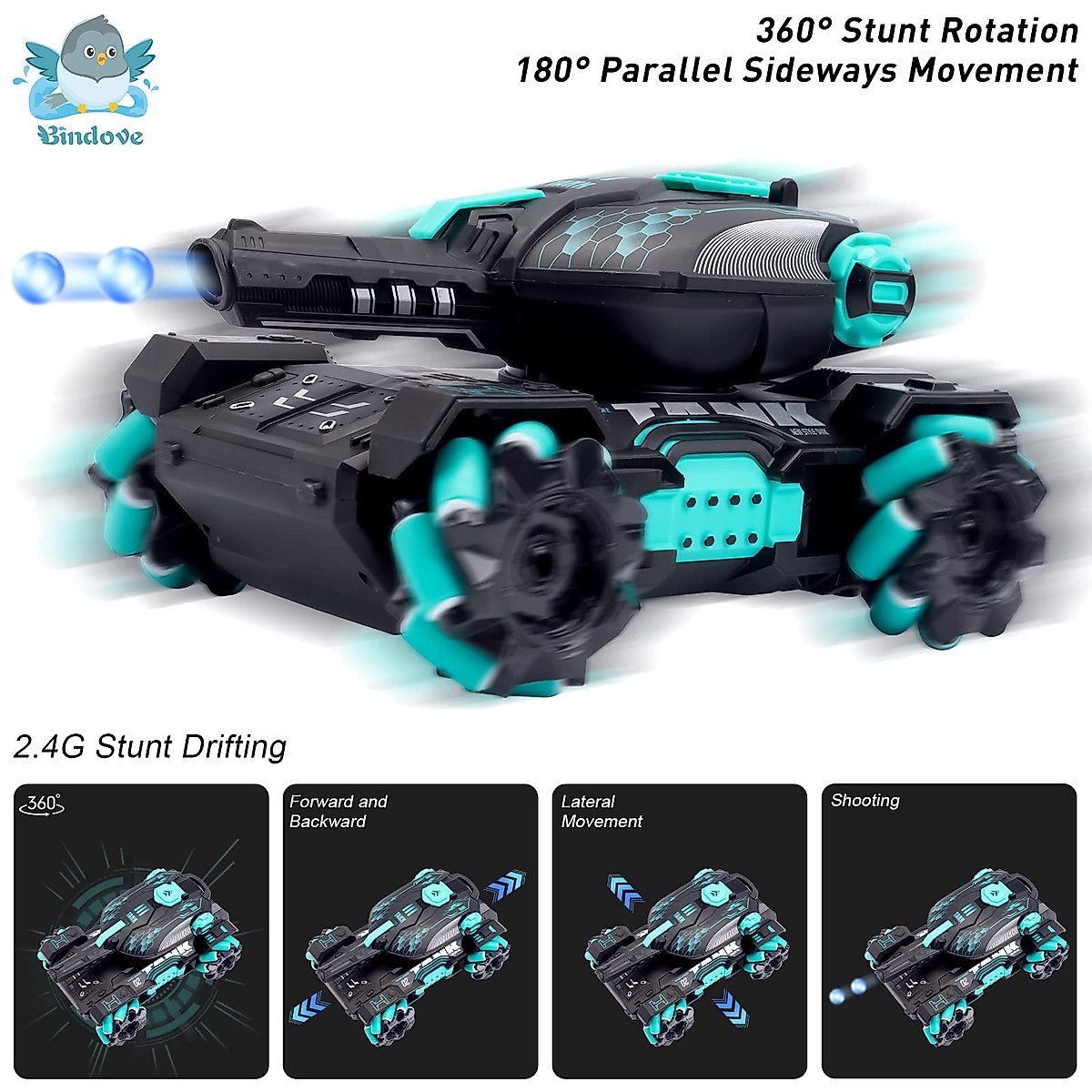 Bindove RC Stunt Tank with Light, Watch Gesture Sensor RC Tank Toy, 360 Rotation Remote Control Stunt Car Shooting Water Bullets, Gifts for Children (Black and Cyan)