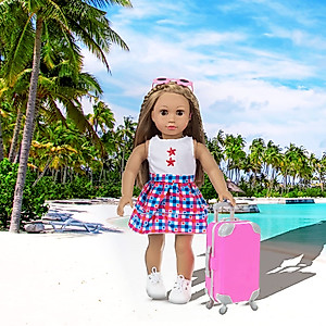 ZQDOLL American 18 inch Doll Clothes and Accessories - Doll Travel Suitcase Play Set Including Suitcase Doll Clothes, Shoes, Sunglasses, Camera, Unicorn Pillow, for 18 inch Doll(No Doll)