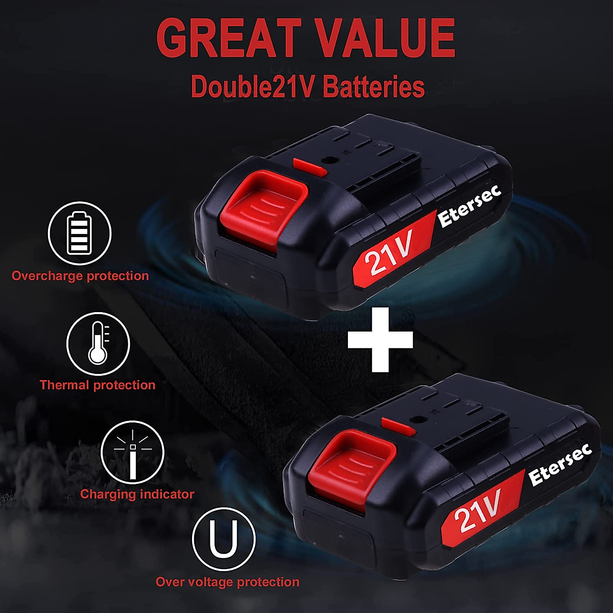 Etersec Cordless Drills Set 21V Electric Power Drill Kit with 2 Lithium-ion Batteries and 1 Fast Charger 3/8-Inch Keyless Chuck 2-Variable Speed 25+1 Torque Setting For Drilling Wood Wall