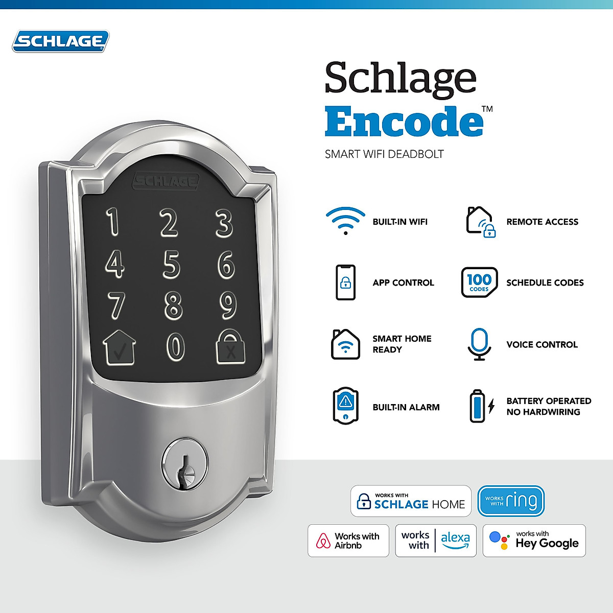 Schlage Encode Smart WiFi Deadbolt with Camelot Trim In Bright Chrome