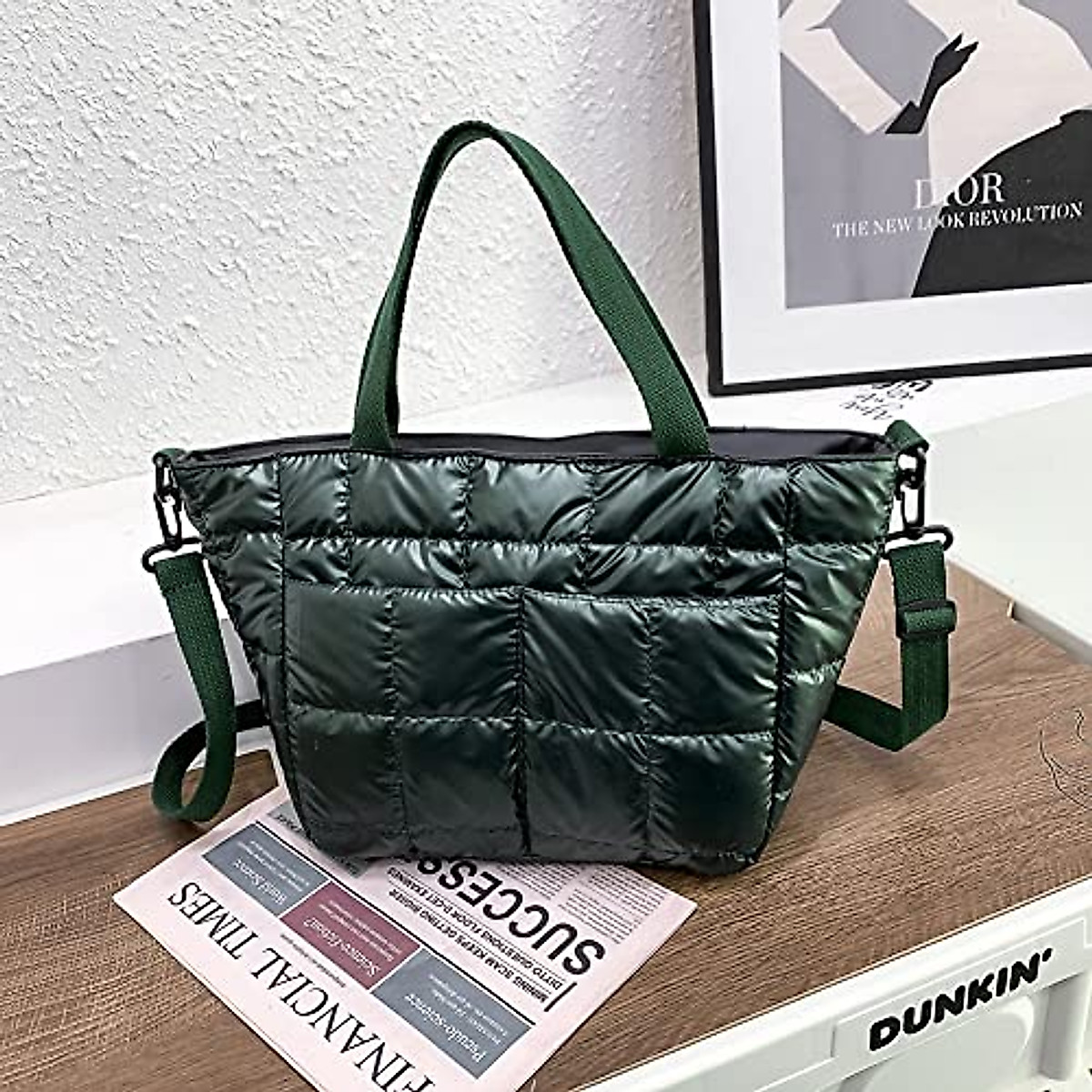 AZURAOKEY Puffer Tote Bag for Women, Quilted Cotton Padded Designer Handbag, Women Soft Lattice Pattern Shoulder Bag Underarm Bag Female Luxury Clutch Bag-Green