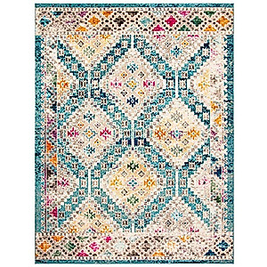 SAFAVIEH Madison Collection 8' x 10' Dark Blue / Yellow MAD418N Boho Diamond Distressed Non-Shedding Living Room Bedroom Dining Home Office Area Rug