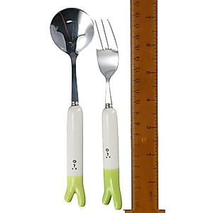 hobbyme Stainless Steel Ceramic Fork Spoon Portable Cutlery Set Cute Green Onion Spoon Fork Set For Home