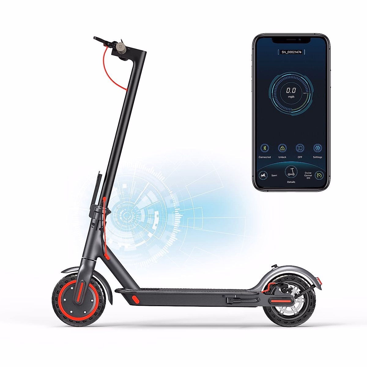 Aovopro Electric Scooter - 8.5" Solid Tires, 350W Motor, Up to 20 Miles Long-Range and 19 MPH Portable Foldable Commuting Scooter for Adults with Double Braking System and App, Black
