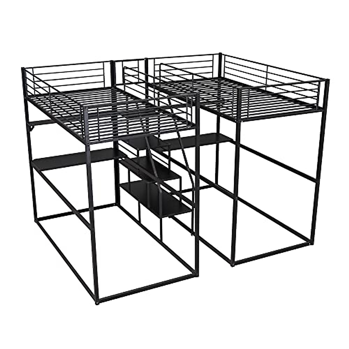 Merax Double Twin Over Twin Metal Bunk Bed with Shelves, and Storage Staircase, Metal Double Loft Bed Frame with Desk, Black