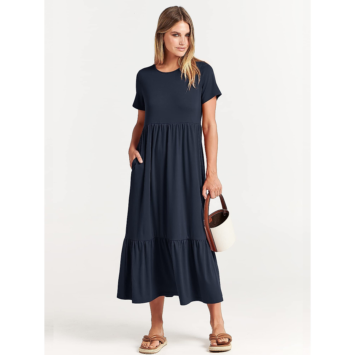 ANRABESS Women Summer Casual Short Sleeve Crewneck Aline Swing Flowy Tiered Shirt Maxi Beach Long Dress 2025 Trendy Outfits X-Large Navy Blue