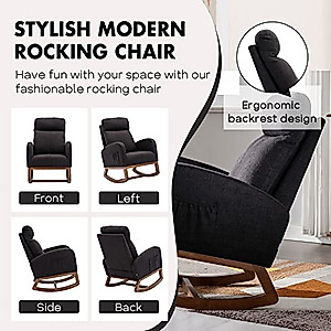 NIOIIKIT Nursery Rocking Chair, Upholstered Glider Chair for Nursery, Accent Rocker Chair with Tall Back & Side Pockets, Modern Leisure Single Arm Chair for Living Room, Bedroom (Black)