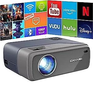 Native 1080p 4K Mini Projector WiFi Bluetooth, Portable Home Theater Outdoor Movie Projector for iPhone, Android 9.0 OS Projector with Apps Netflix,Prime Video, Work for iOS/Android,TV Stick,DVD