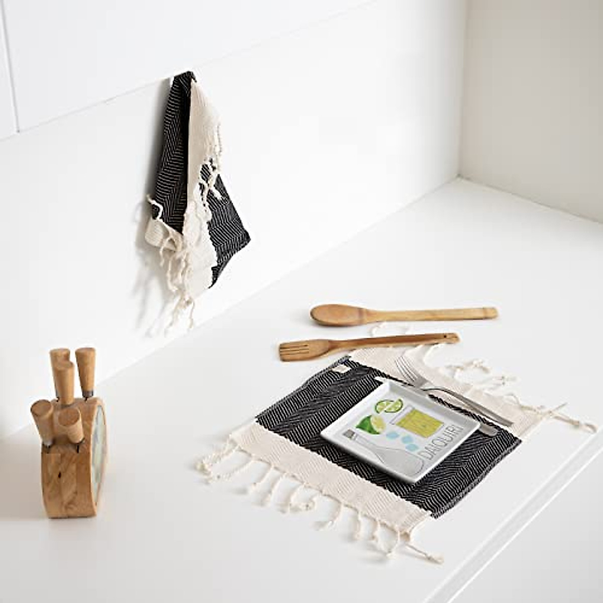 SMYRNA TURKISH COTTON Herringbone Series Kitchen Dish Towels Pack of 6, Machine Washable Wash Cloths, Ultra Soft, Absorbent, Prewashed and Quick Dry Turkish Dish Towels, 12x12 Inch (Black)